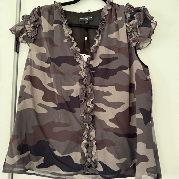 Generation Love | Tops | Generation Love Camouflage Ruffle Blouse ...